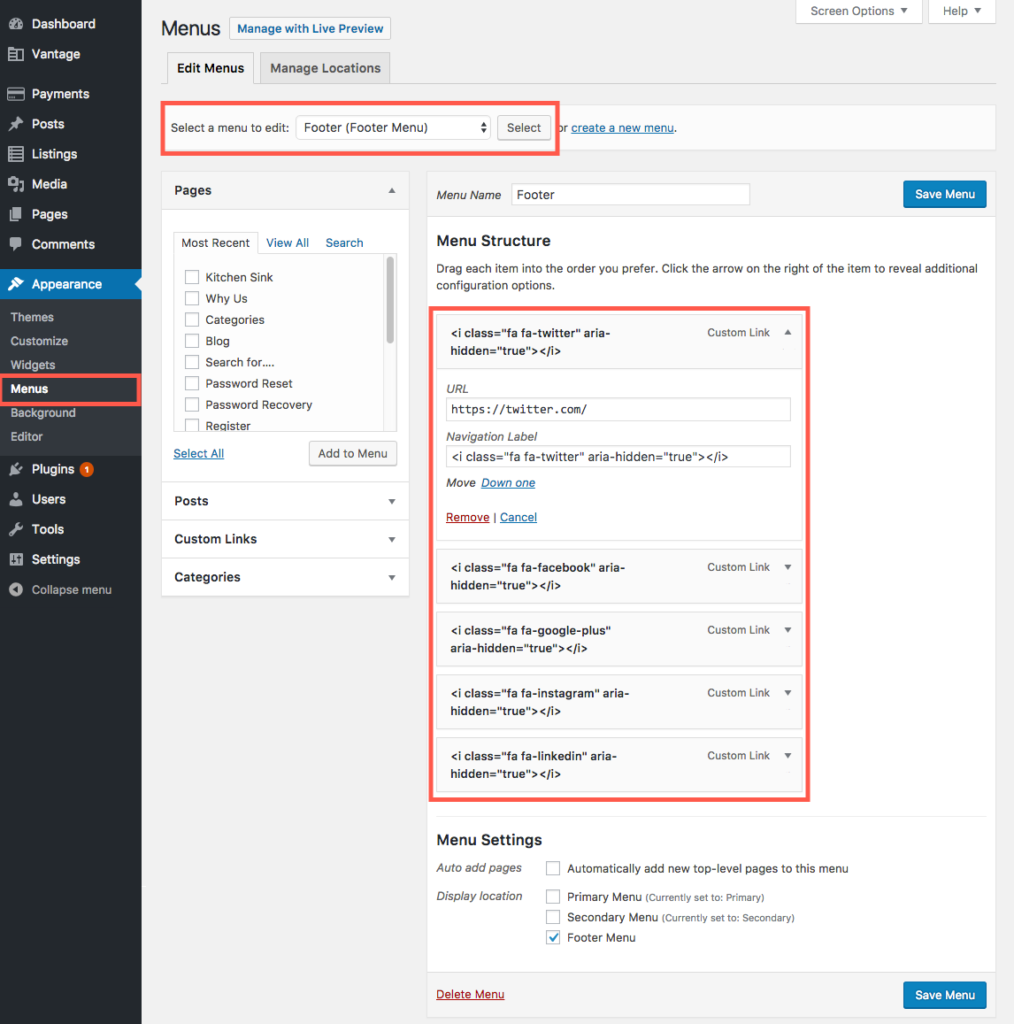 Setting Up Your Vantage Menus | AppThemes Docs